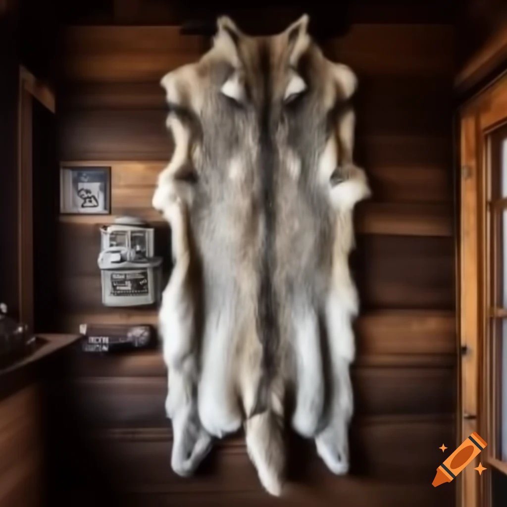 Gray wolf pelt drying on wall in trapper's cabin, ultra-detailed on Craiyon