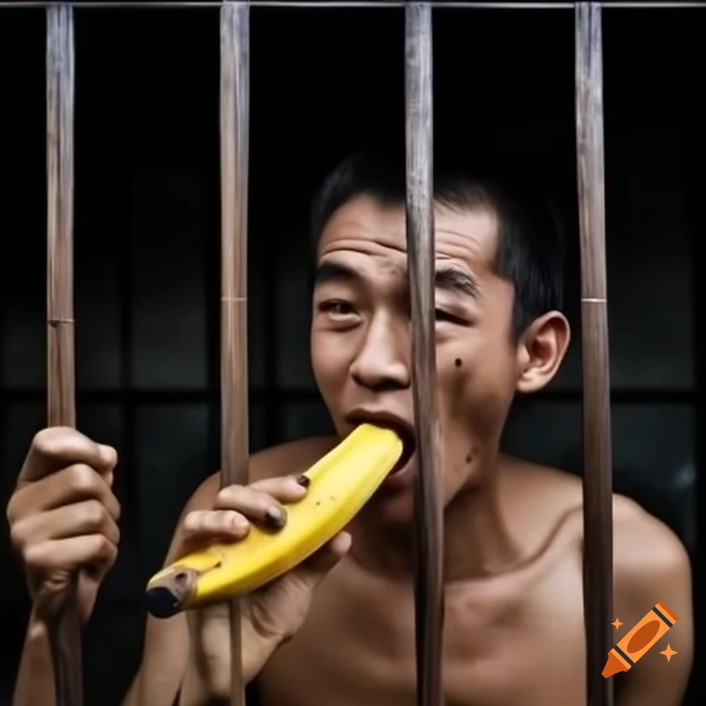 Person behind bars eating a banana on Craiyon