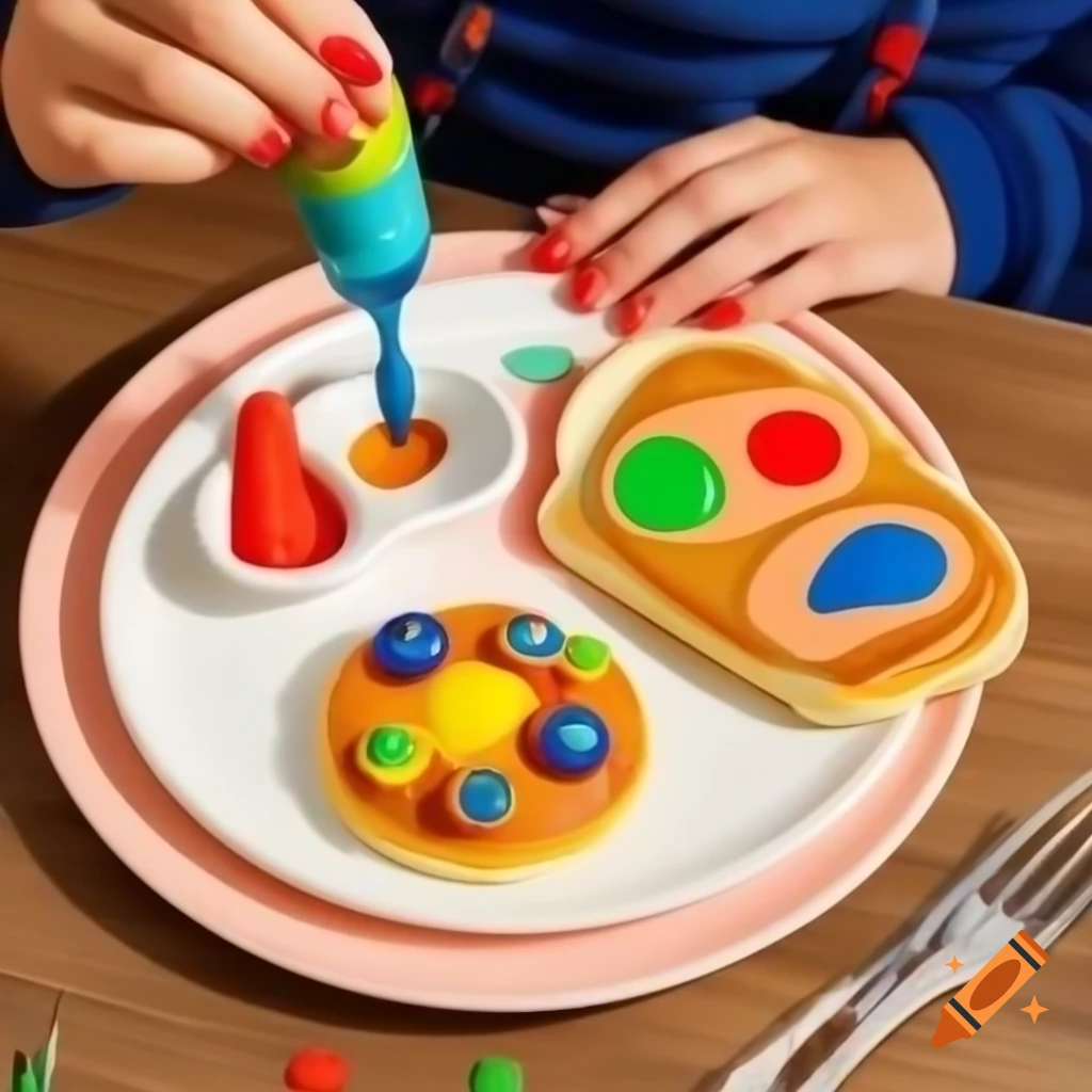 Pancake decorated with colorful food paint by kids, artistic toast ...
