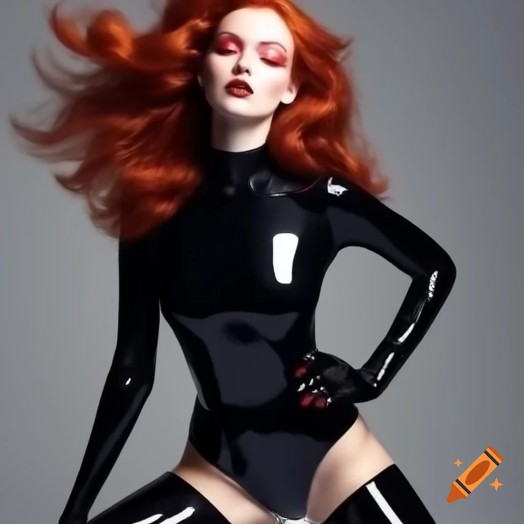 Red-haired supermodel in Yves Klein latex bodysuit with matching accessories, studio setting on ...