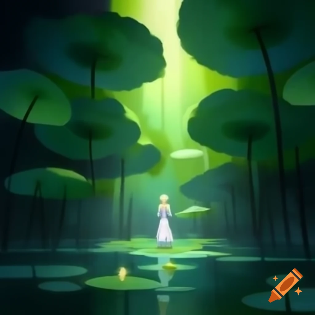 Dreamlike landscape with oversized translucent lotus leaves and surreal ...