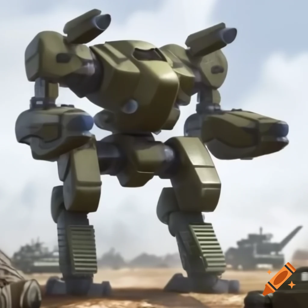 Heavily armored battle mech with angular details and weapon pods on Craiyon