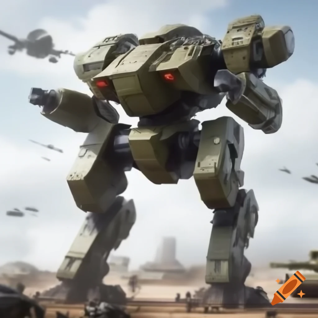 Heavily armored battle mech with angular details and weapon pods on Craiyon
