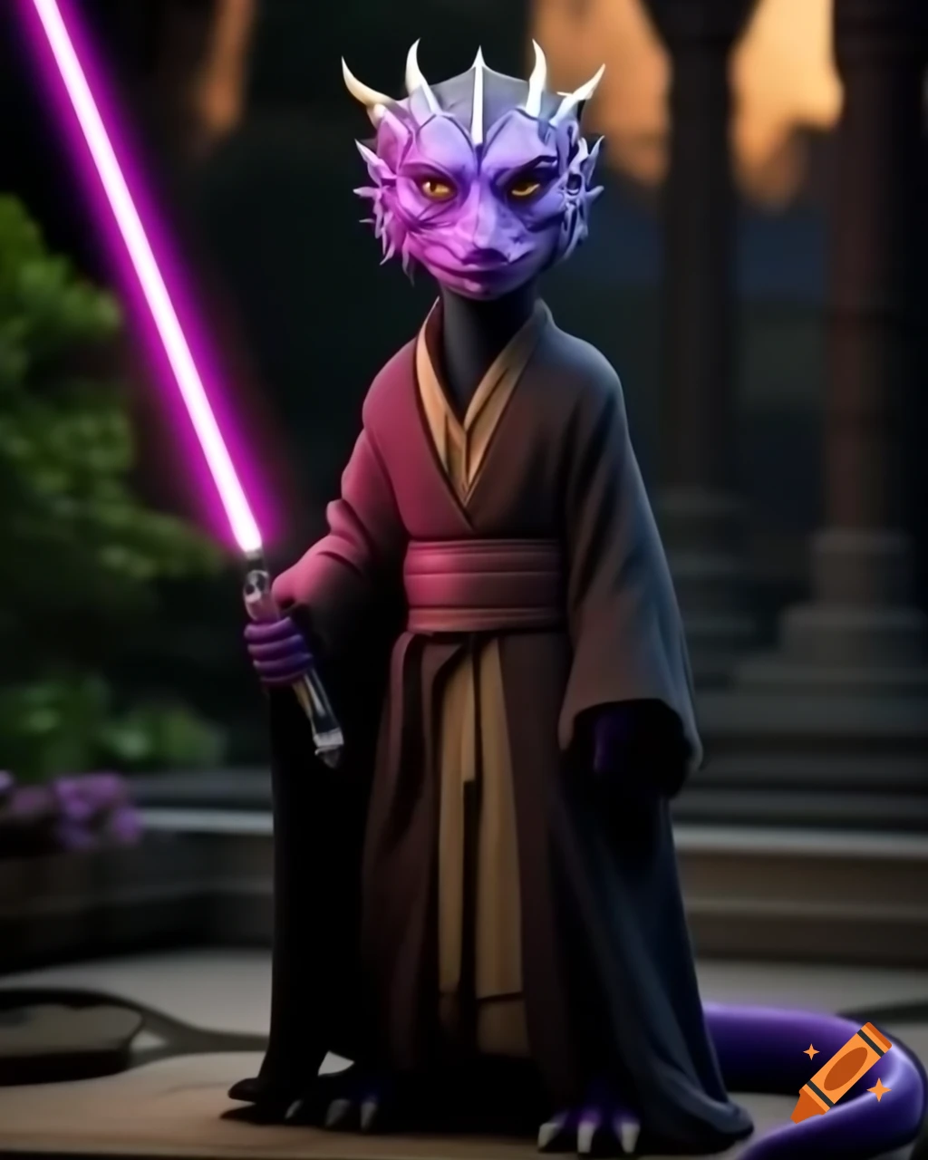 Dark purple dragon in Jedi robes holding purple lightsaber in temple ...