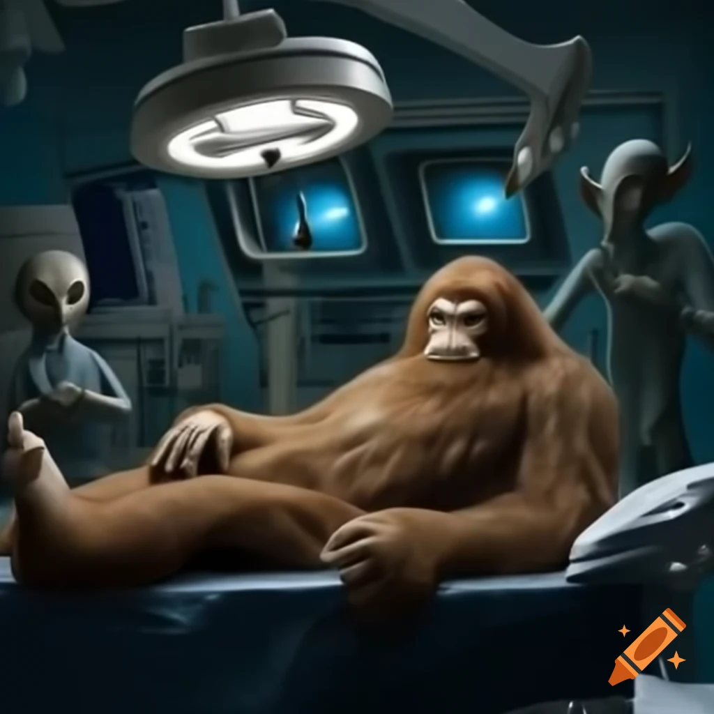 Bigfoot on operating table in alien spacecraft surrounded by aliens and ...