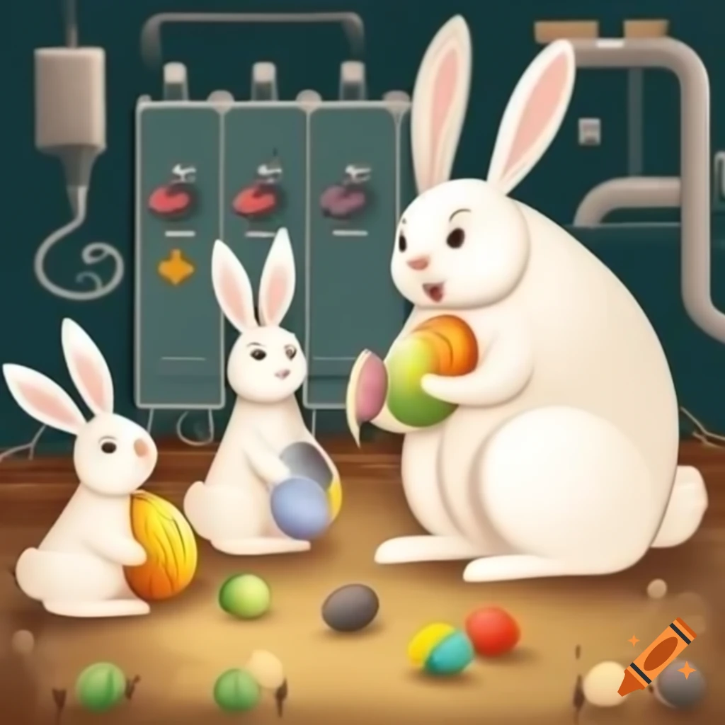 Happy Easter card featuring rabbits playing with Easter eggs in an ...