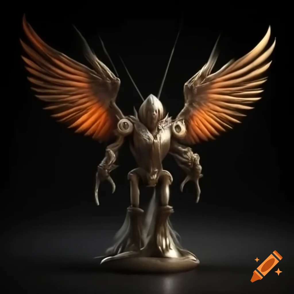 Mechanical god with orange highlights and metallic wings on Craiyon