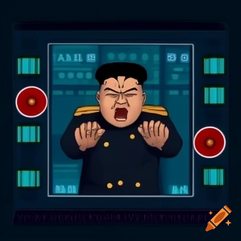 Fictional character resembling a dictator in high-tech war control room ...