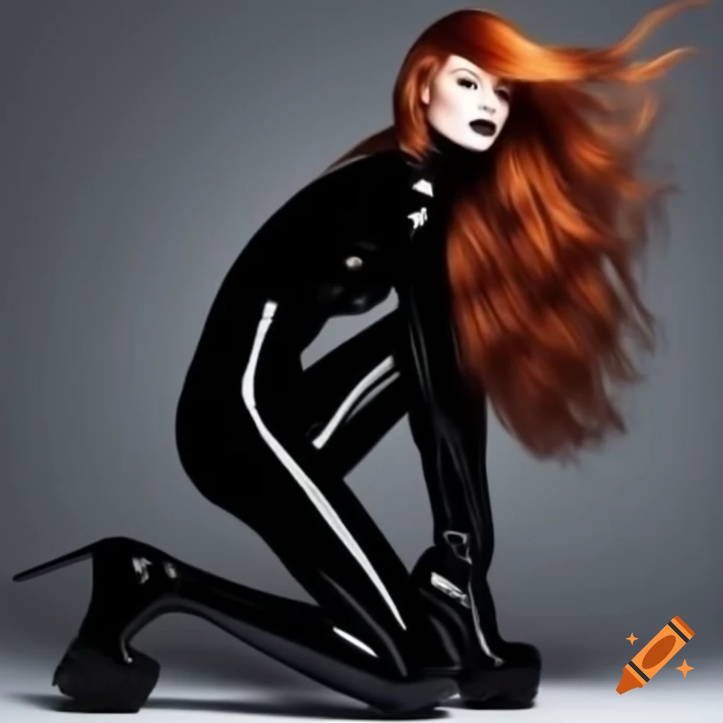 Red-haired supermodel in latex bodysuit with matching accessories in studio setting on Craiyon