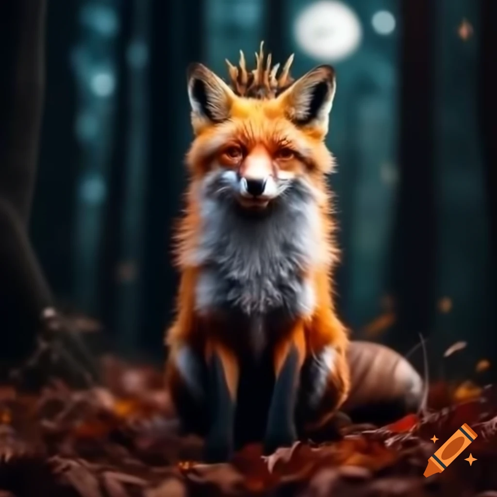 Majestic red fox with leaf crown in moonlit woodland, highly detailed ...