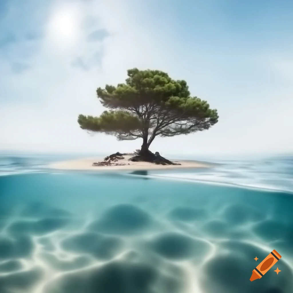 Small island with white sand and floating pine tree under raincloud and ...