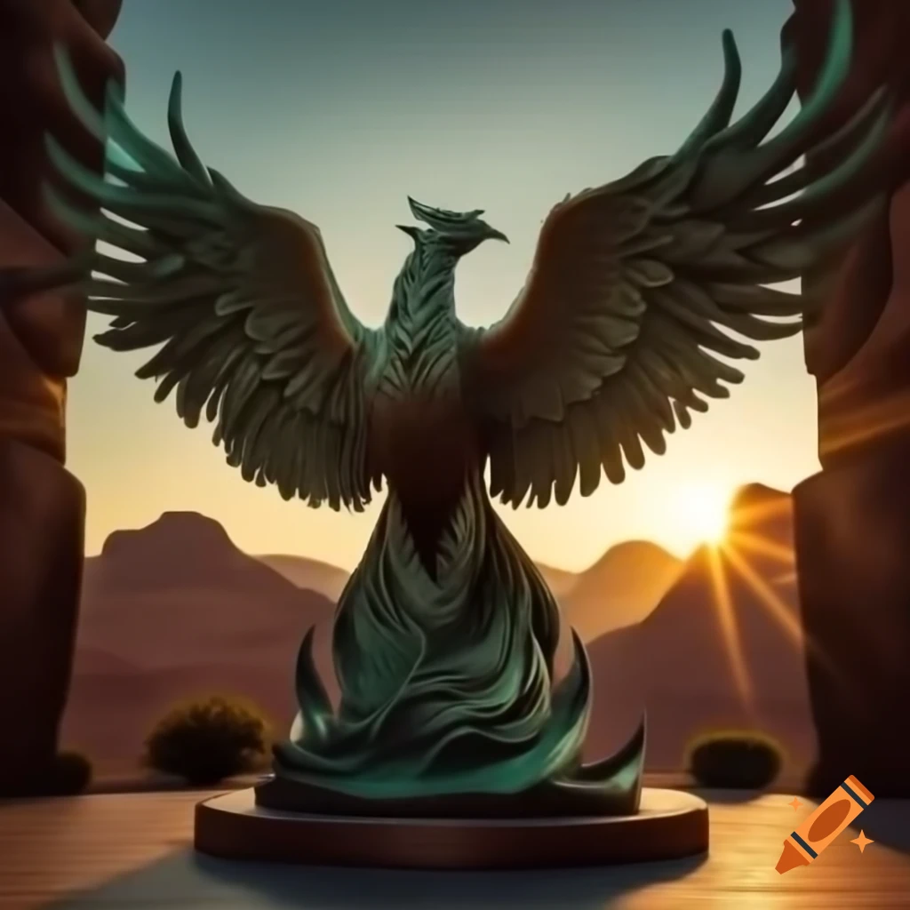 Wide-angle view of majestic bronze phoenix sculpture with wings spread ...