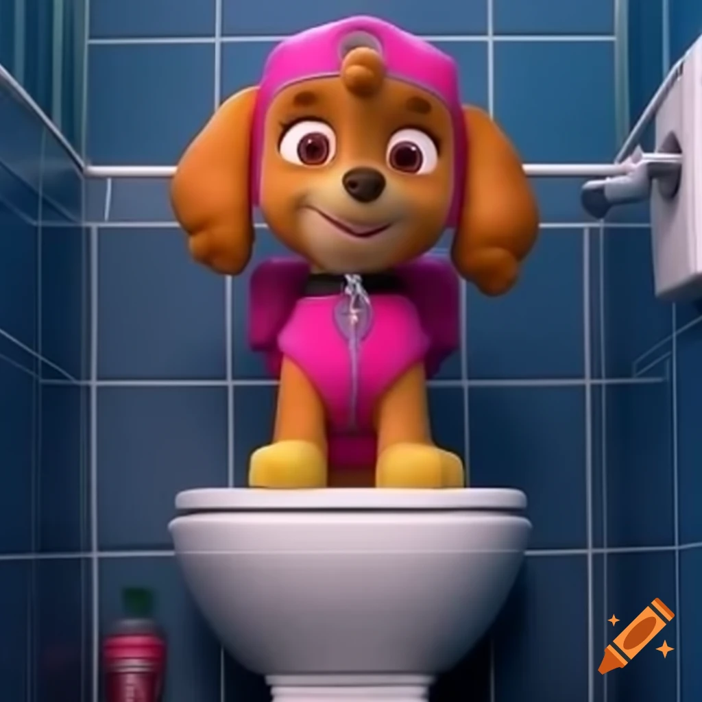 Skye from Paw Patrol cartoon character in a humorous bathroom setting ...