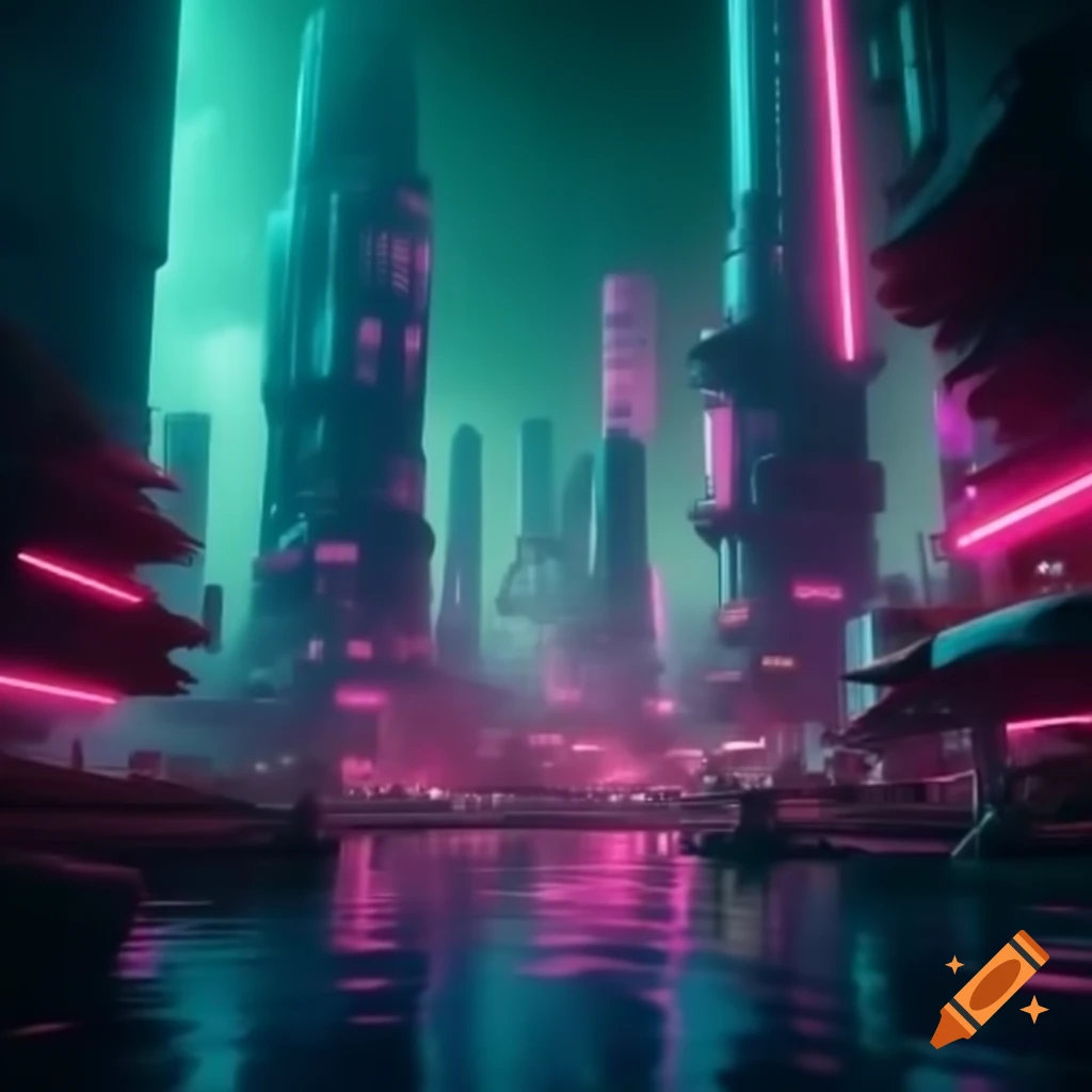 Futuristic neon cityscape reflected in water, realistic style on Craiyon