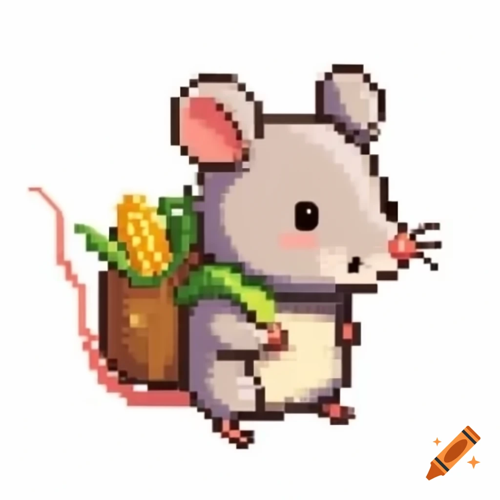 Cute cartoon rat character holding corn bag in pixel art style, top ...