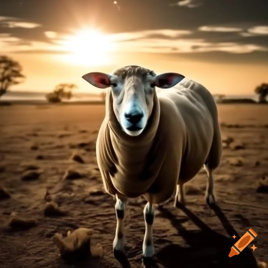 Exhausted sheep in dry grazing field during scorching midday heat on ...