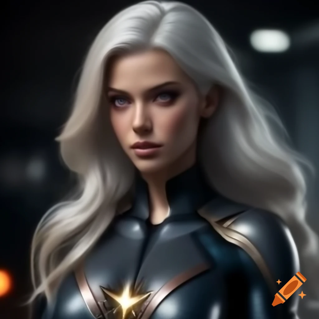 Powerful superheroine with white hair and pink eyes in sleek gray and ...