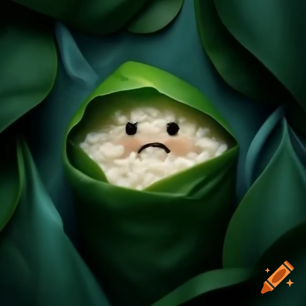 Rice wrapped in leaves with dark aura and ominous smile on Craiyon