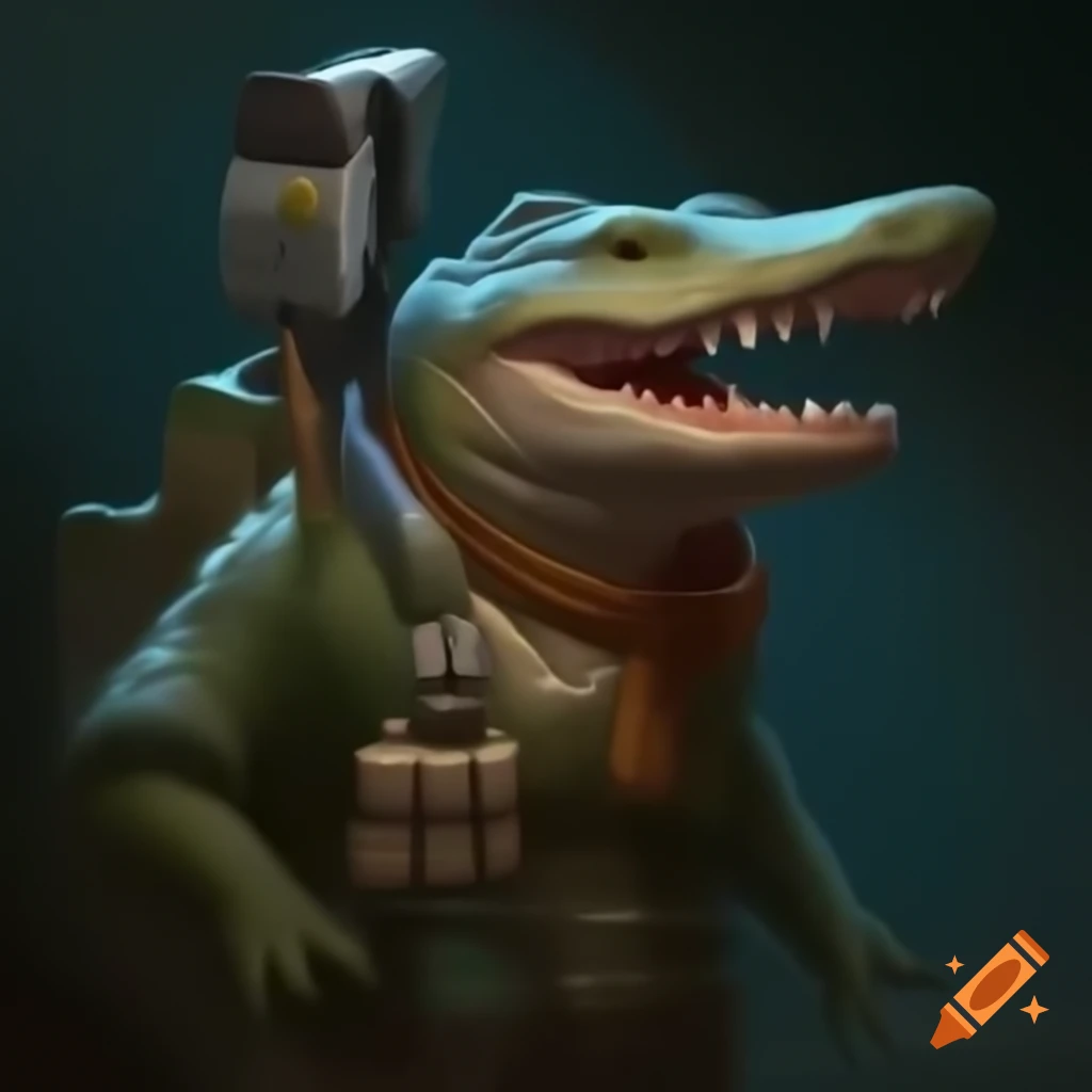 Hybrid creature with shark body and crocodile head, featuring a gun on ...