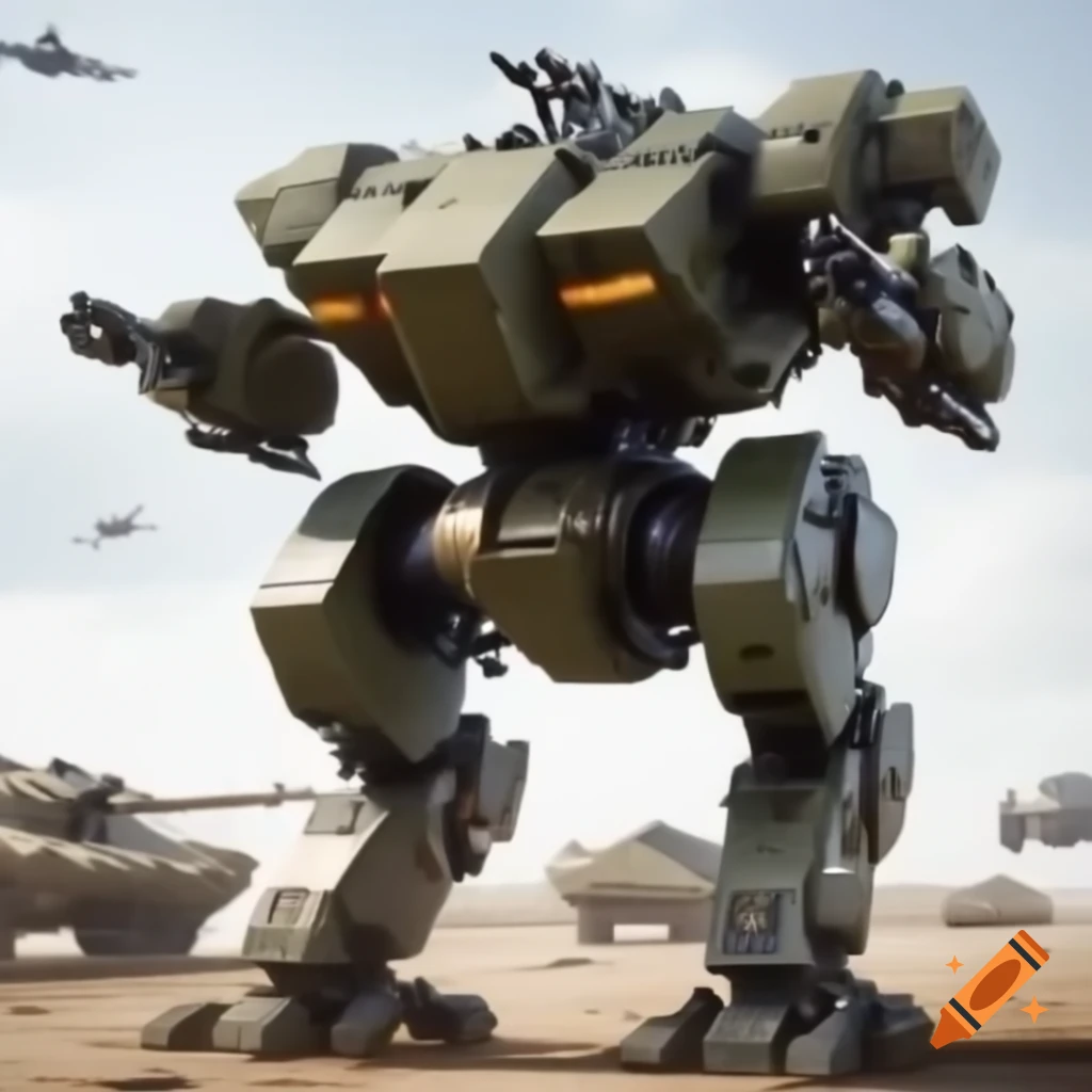 Heavily armored bipedal battle mech with angular design and weapon pods ...