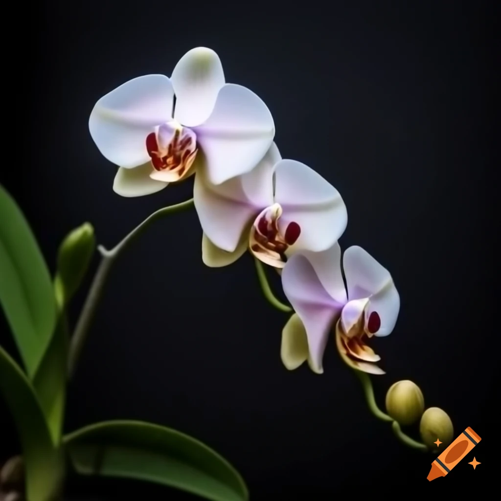 White orchids on long stem with dark background and high contrast ...