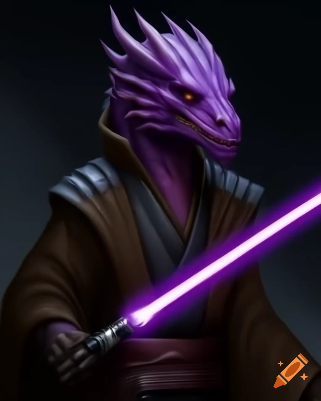 Dark purple dragon in Jedi robes holding purple lightsaber on Craiyon