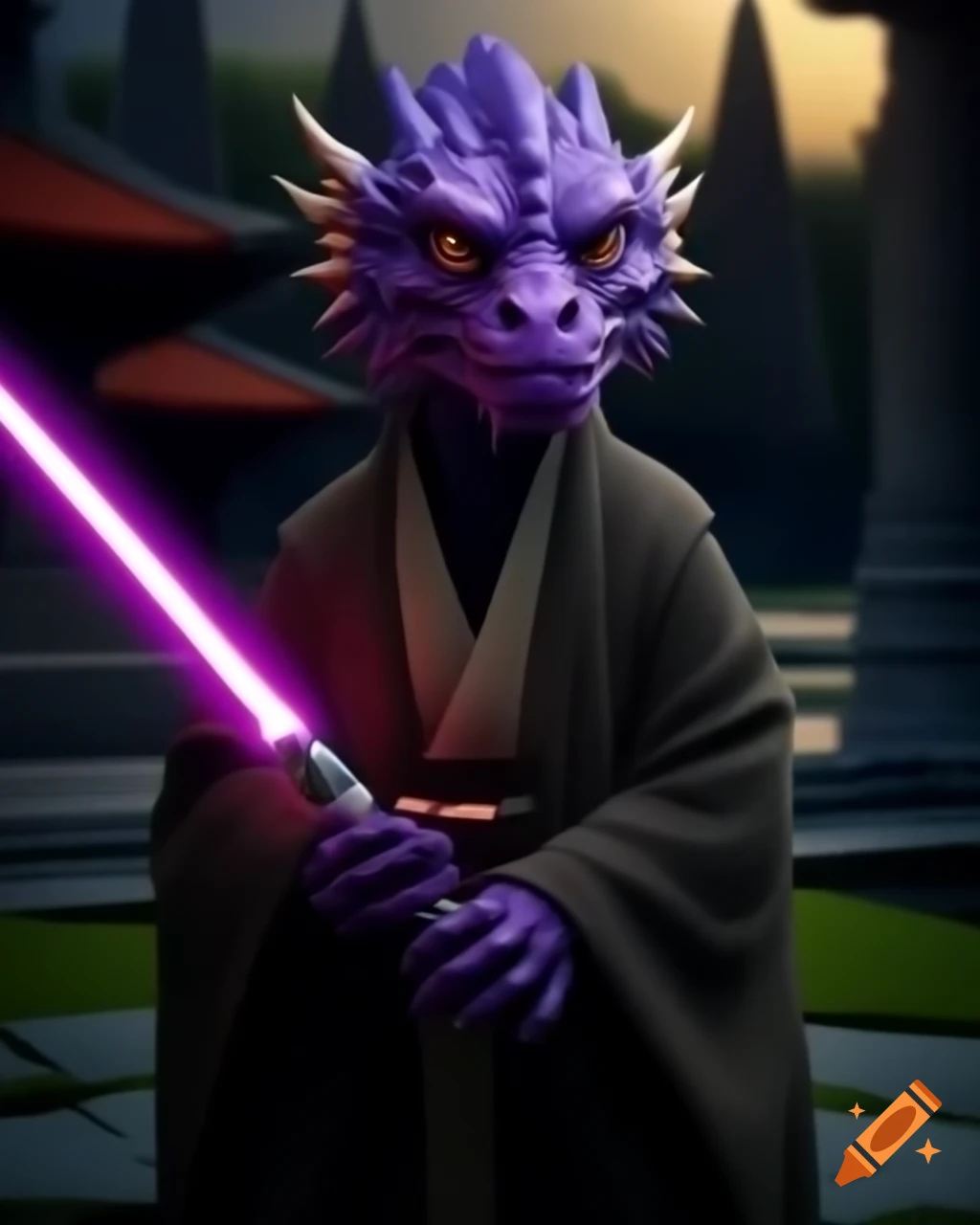 Dark purple dragon in jedi robes with purple lightsaber in temple ...