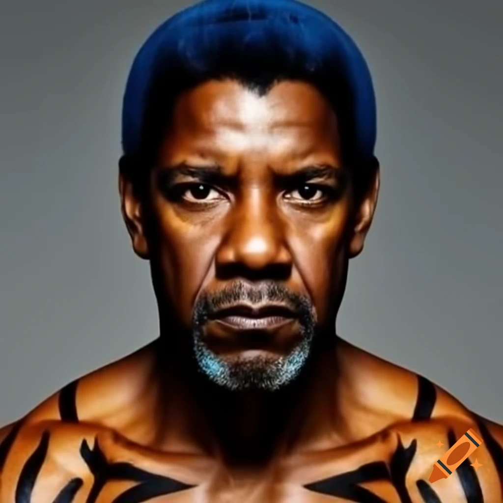 Muscular figure with tiger makeup and blue hair, striking a dynamic ...