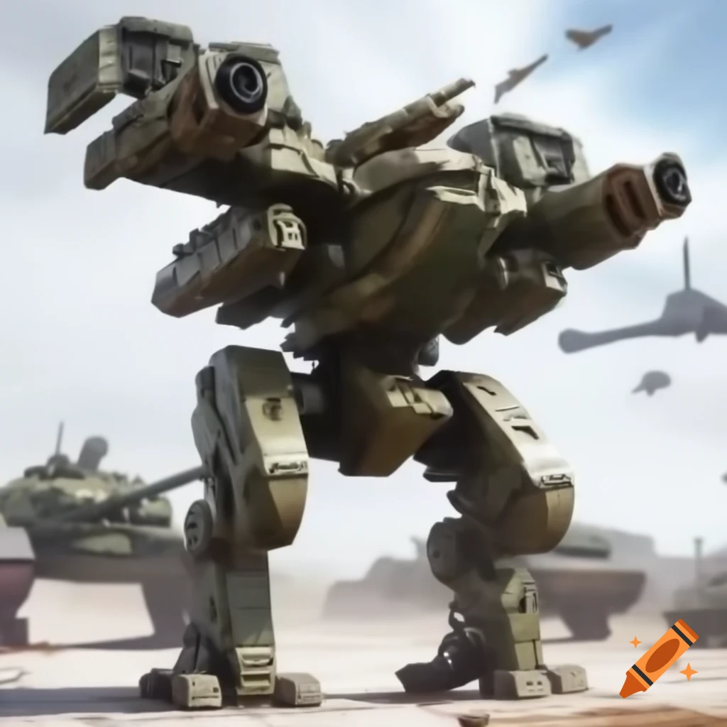 Heavily armored bipedal battle mech with military-inspired design on ...