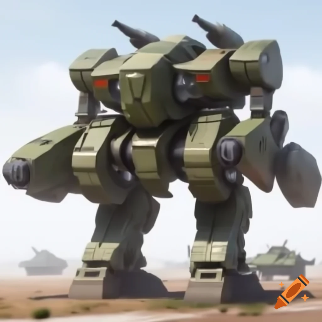 Heavily armored battle mech with angular details and weapon pods on Craiyon