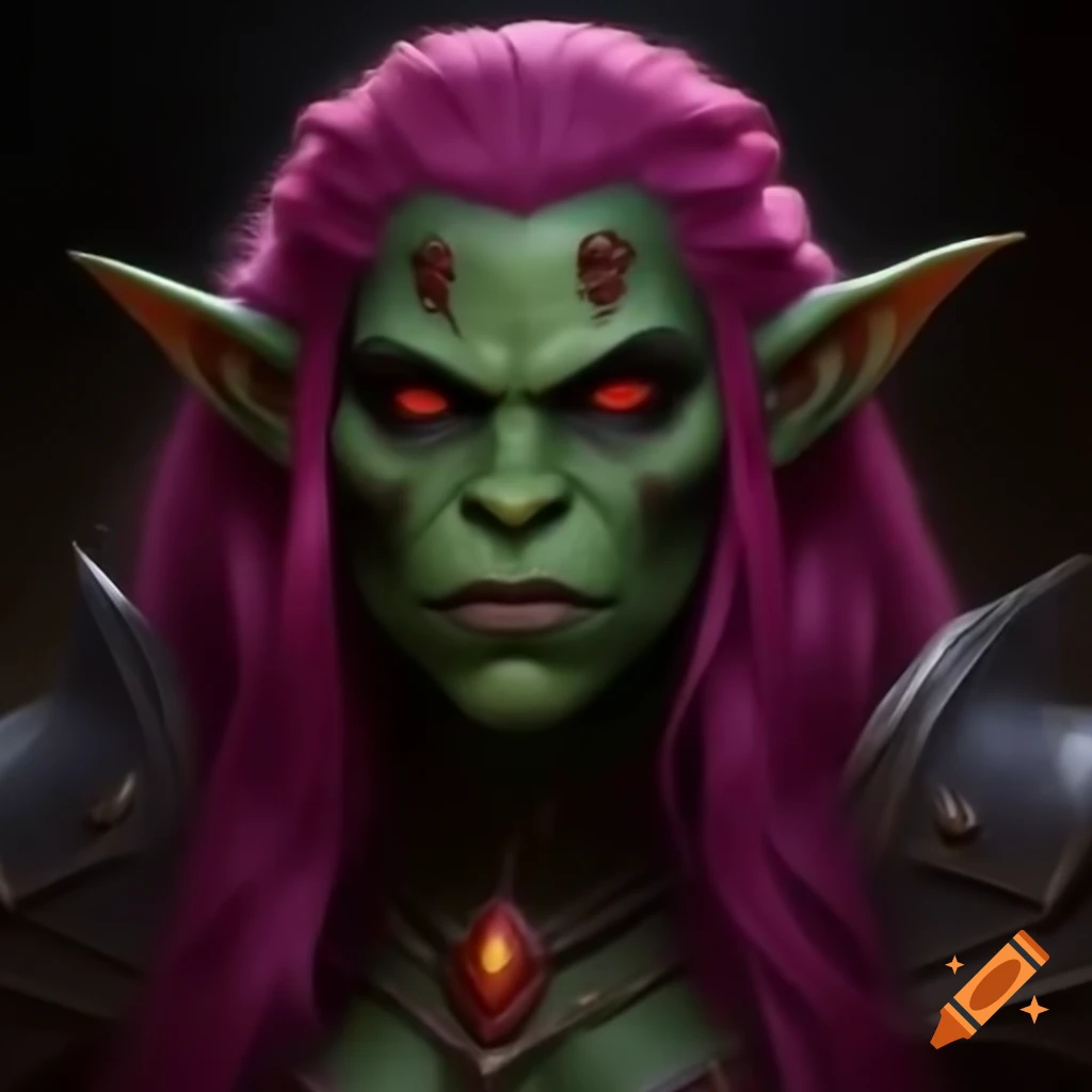 Half-orc wizard with red eyes and pink hair, fantasy character on Craiyon