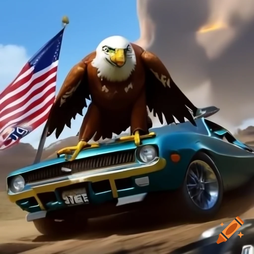 Bald eagle carrying turbo near Chevy Camaro with American flag on Craiyon