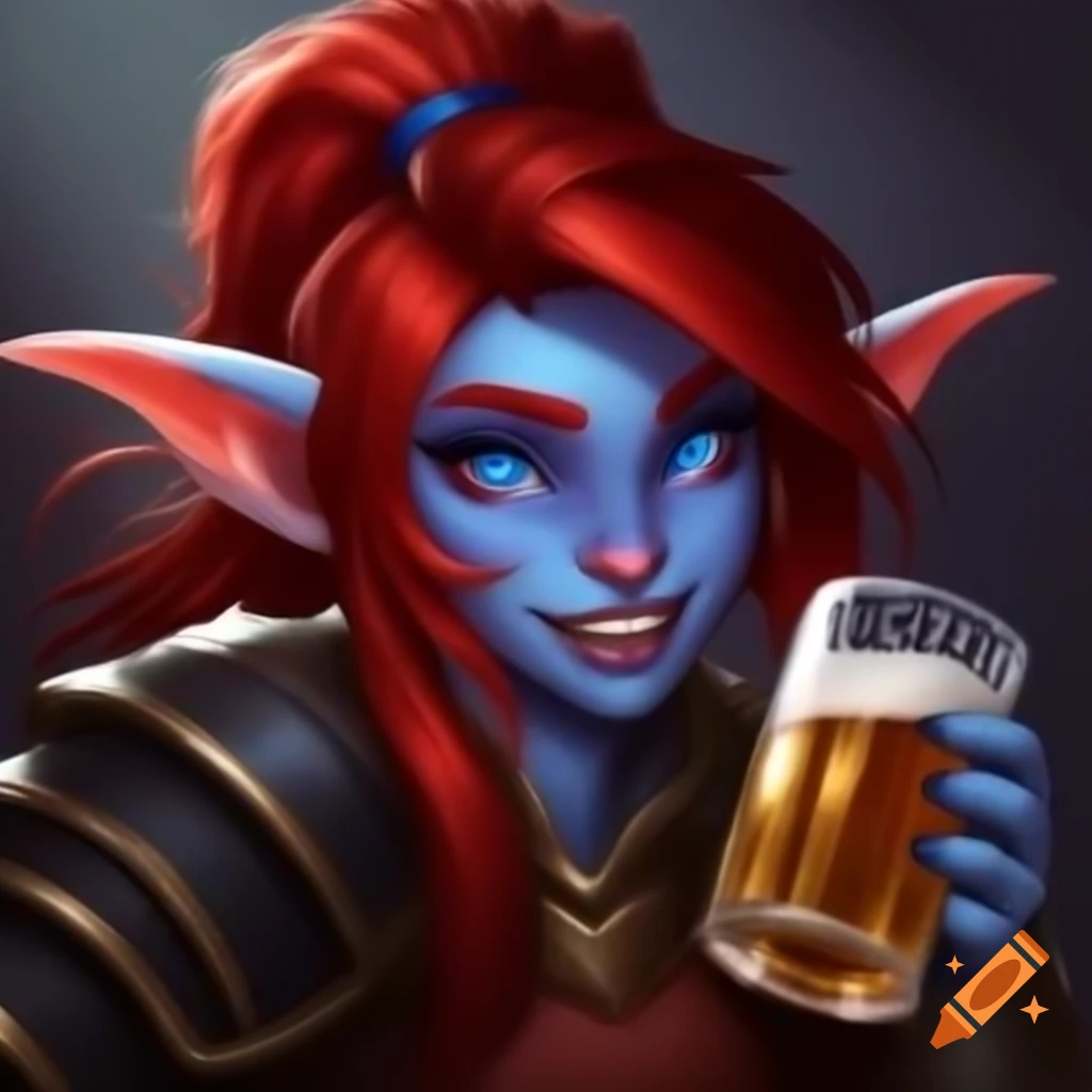 DND female dwarf with blue eyes and red hair holding a beer and ...
