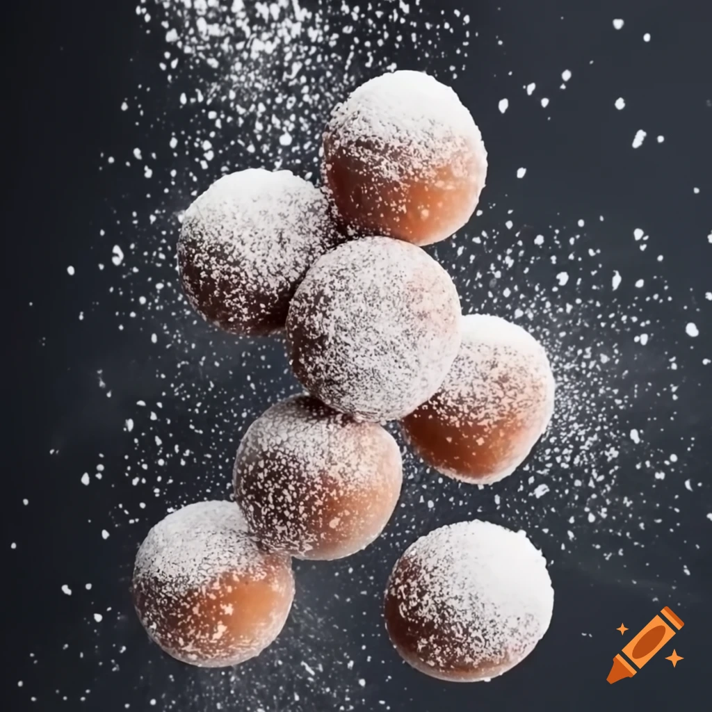 Mini donut balls falling, coated in powdered sugar on Craiyon