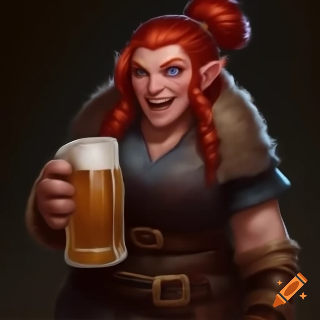 Female dwarf character with blue eyes and red hair laughing while ...