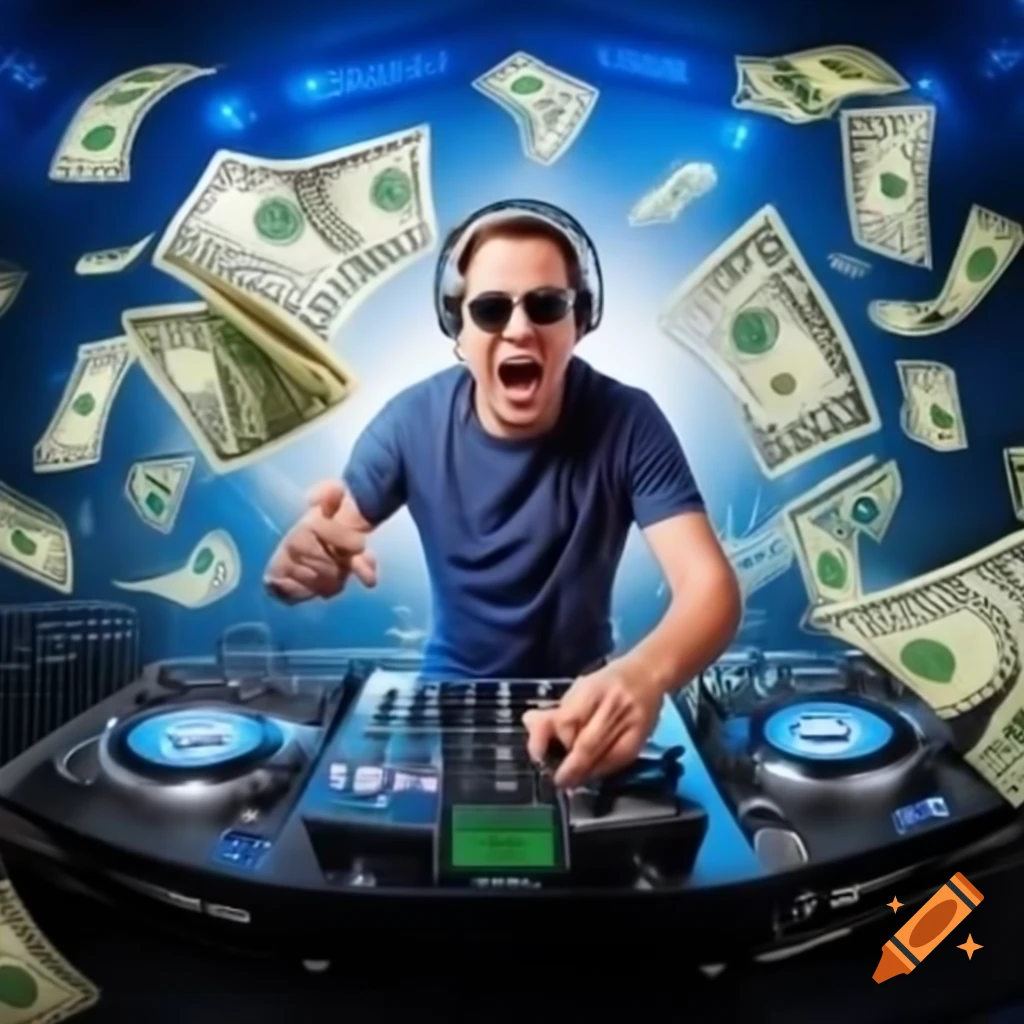Energetic DJ Mr. Bank with visuals of wealth and finance on Craiyon