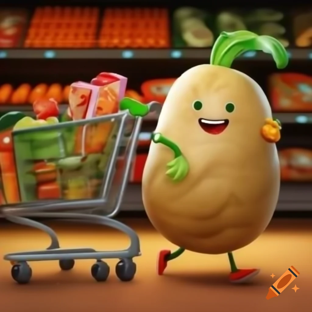 Happy potato character shopping in grocery store with cart full of ...