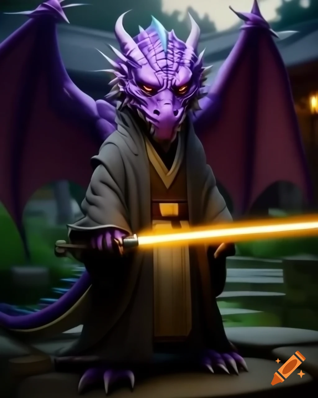 Dark purple dragon in Jedi robes holding yellow lightsaber in temple ...