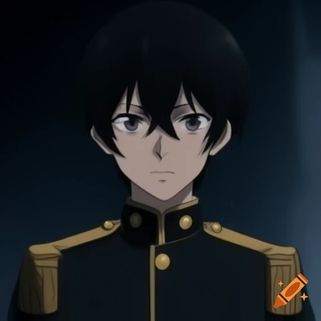 Anime character with black hair in military uniform walking, full body ...