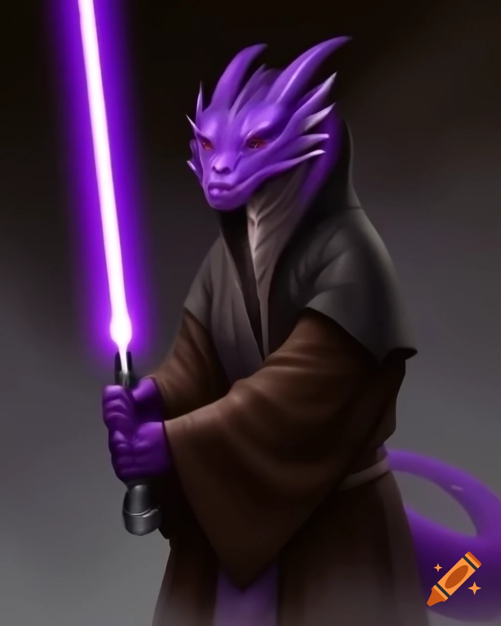Dark purple dragon in Jedi robes holding purple lightsaber on Craiyon