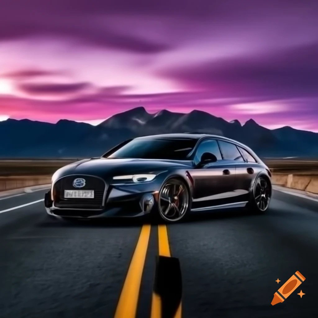 Black Audi RS6 on empty country road with mountains and purple sunset ...