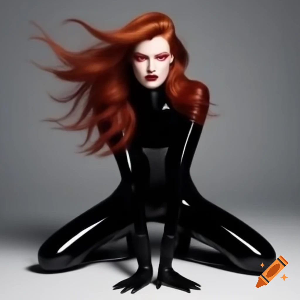 Red-haired supermodel in latex bodysuit and matching accessories, high ...