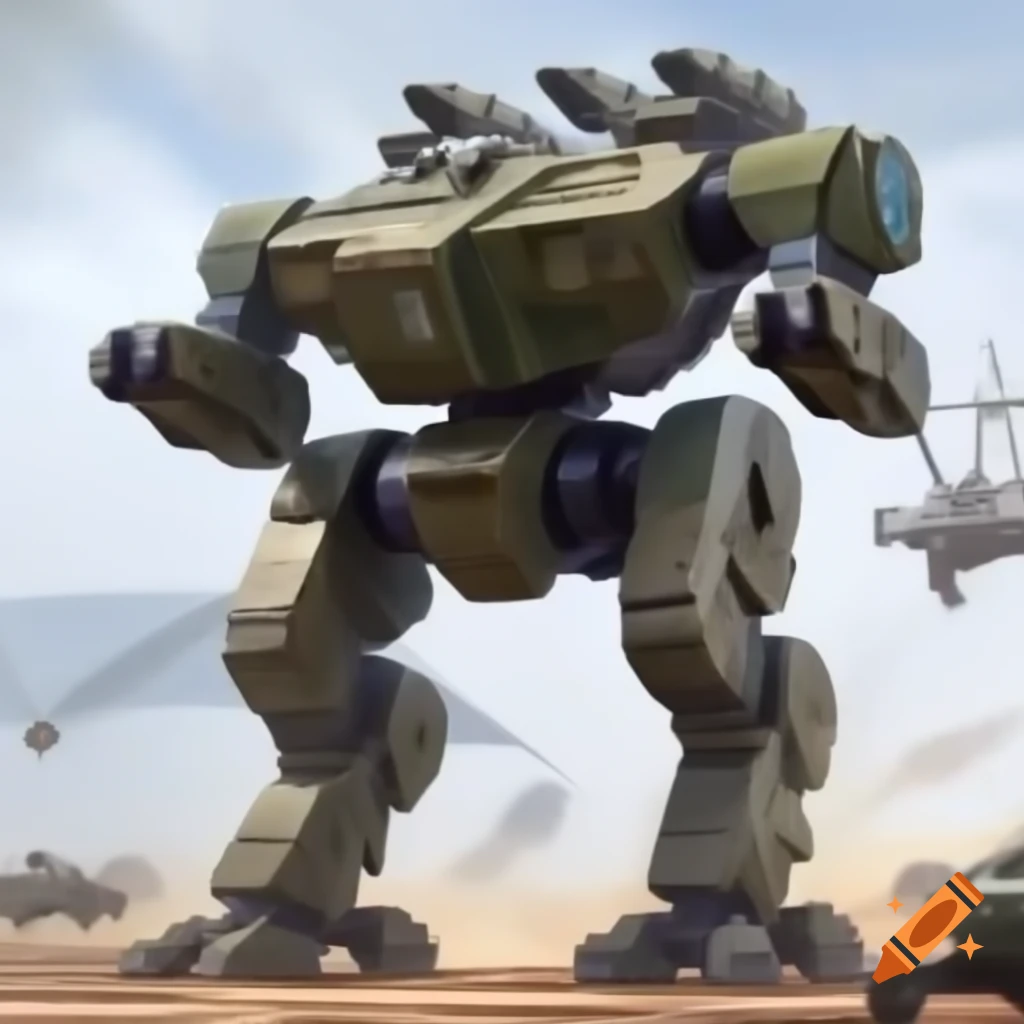 Heavily armored bipedal battle mech with military-inspired design on ...