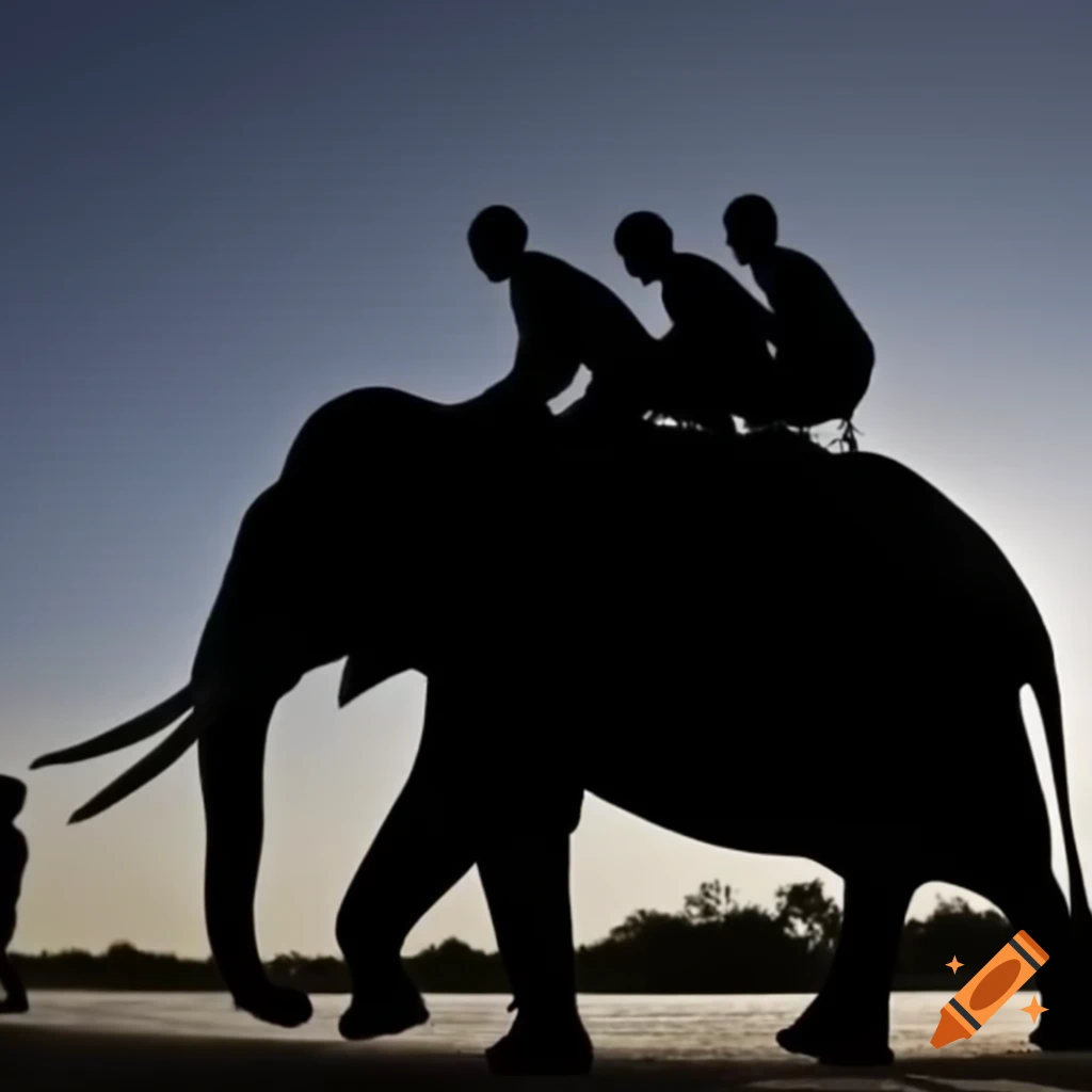 Silhouette of people pulling elephant with rope on Craiyon