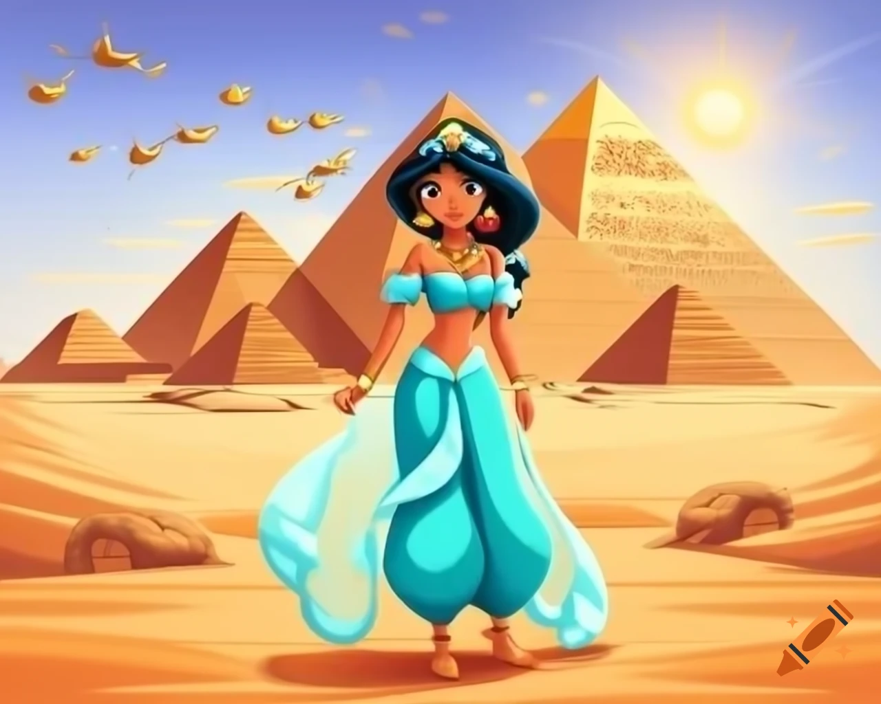 Cartoon-style illustration of Disney Princess Jasmine at the Great ...