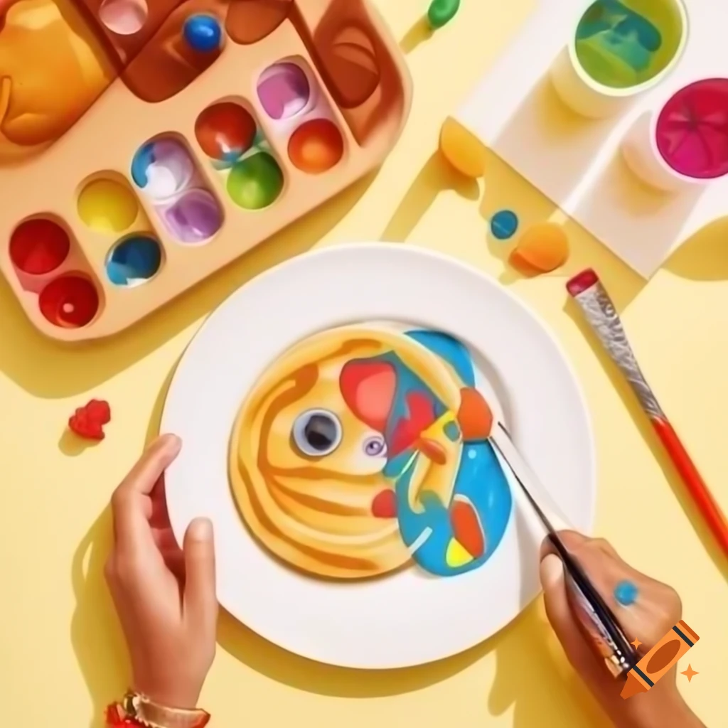 Pancake decorated with colorful food paint by kids, artistic toast ...