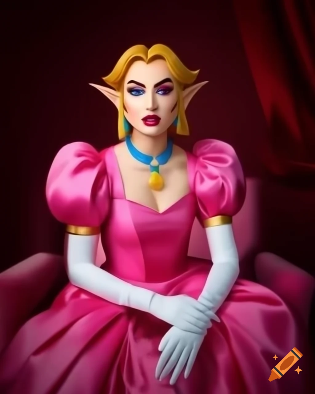 Link from The Legend of Zelda in princess Peach's gown, sitting on ...