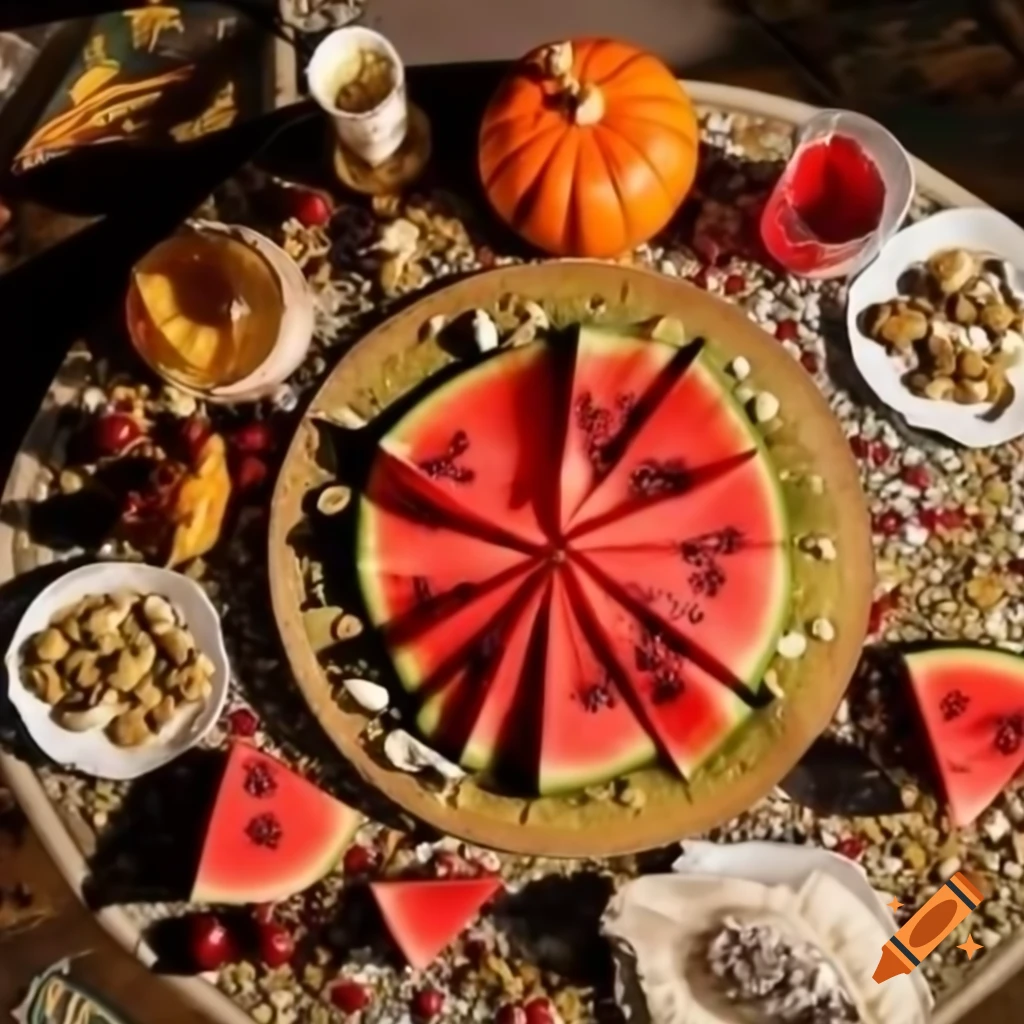 Iranian table setting with watermelon, pomegranate, pumpkin, seeds ...