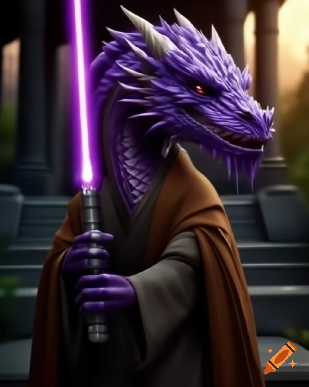 Dark purple dragon in jedi robes with purple lightsaber in temple ...
