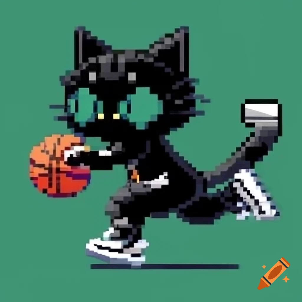 Pixel art of black cat wearing Air Jordans performing a dunk on Craiyon